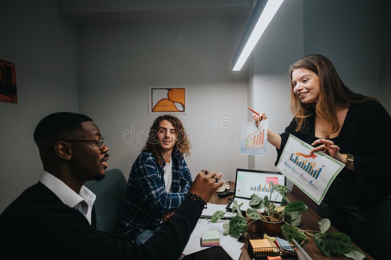 Multicultural Team Analyzing and Discussing Sales Growth Statistics in ...