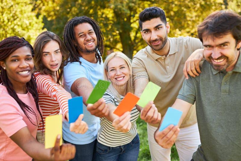 Multicultural Team with Colorful Cards To Get To Know Stock Image ...
