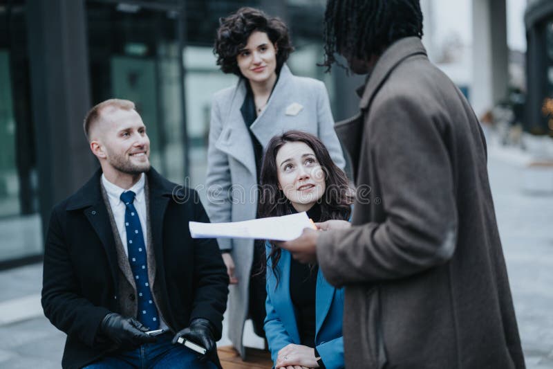 Three Business People in a Lively Discussion Outdoors with Paper in ...