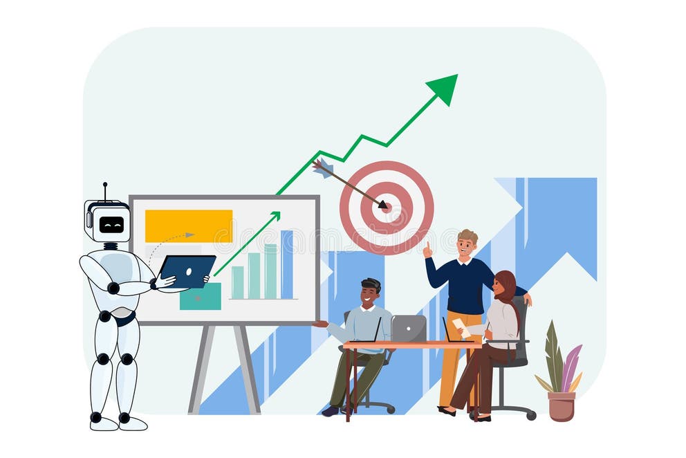 Multicultural Team Working Alongside a Robot Displaying Graphs, Depicting Artificial ...