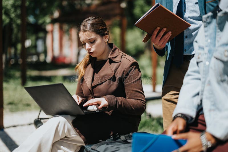 Multicultural Team Working Outdoors in Urban Setting, Focused on ...