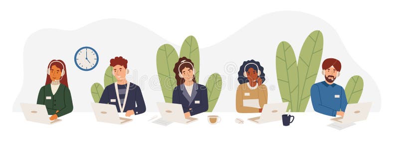 Multicultural Tech Support Employees in Call Center Vector Illustration ...