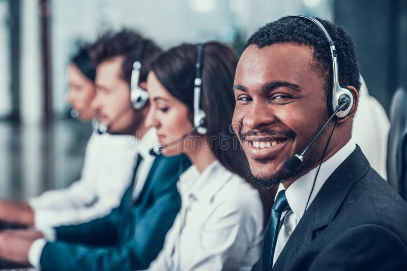 African American Man Working at a Computer in a Call Centre Stock Image ...