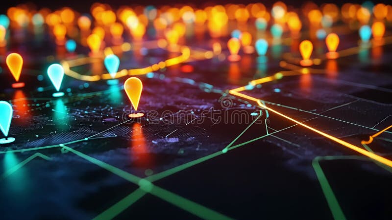 A Multidimensional Map with Glowing Pins and Flowing Arrows Indicating ...