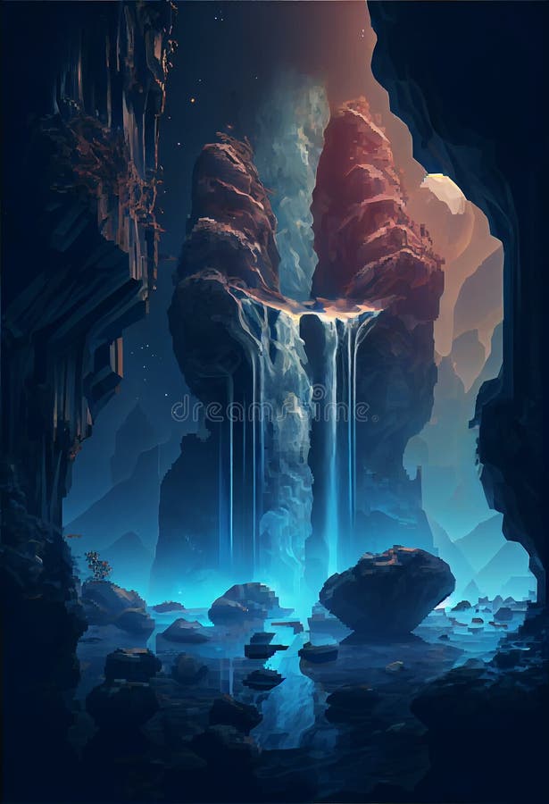 Multidimensional Waterfall Cascading between Rock Pixel Art Stock ...