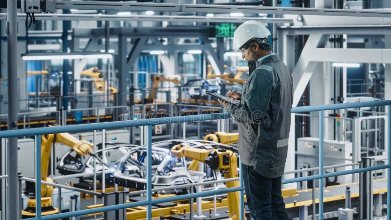 Multiethnic Car Factory Engineer in Work Uniform Using Tablet Computer ...