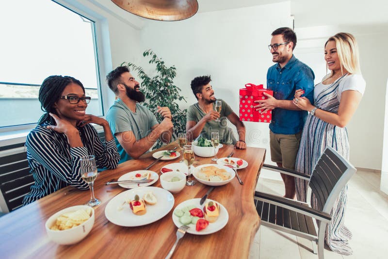Multiethnic Friends Enjoying Dinner Birthday Party Stock Photo - Image ...