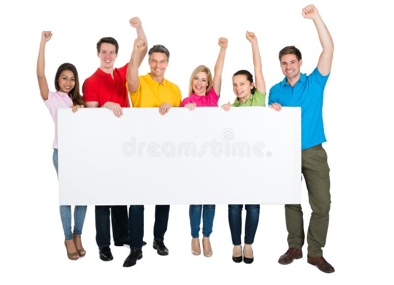 Multiethnic Friends Holding Blank Billboard Cheering Stock Photo ...
