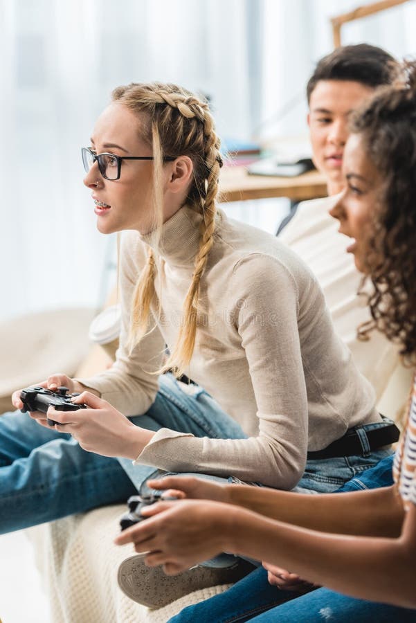 Multiethnic Girls Playing Video Game Stock Photo - Image of casual ...