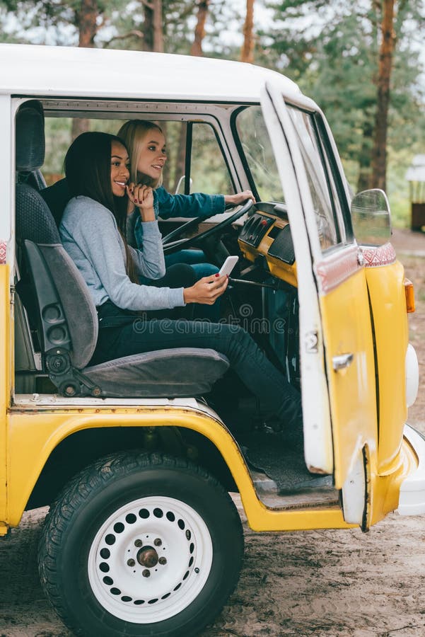 Multiethnic Girls in Retro Minivan Stock Image - Image of women ...