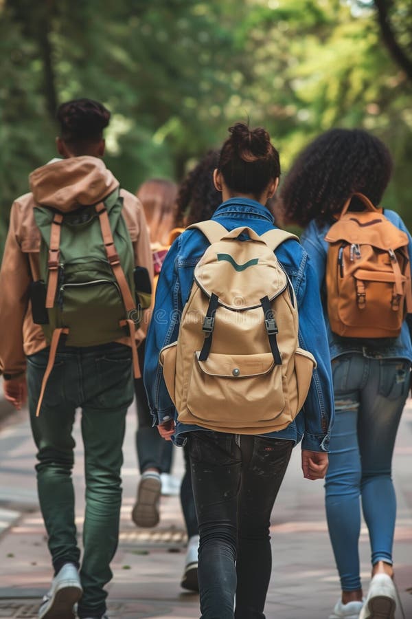 Multiethnic Group of Five Students Walking Together on University ...
