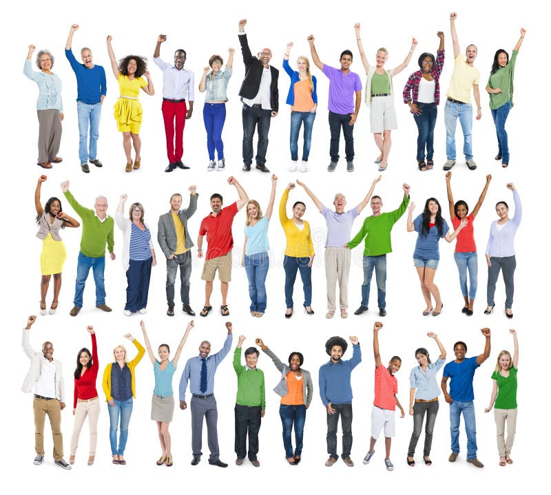 Multiethnic Group of People in a Row with Arms Raised Stock Photo ...