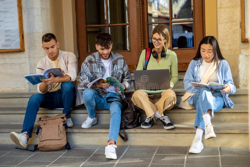 Multiethnic Group of Students Preparing for Seminar on Stairs Stock ...