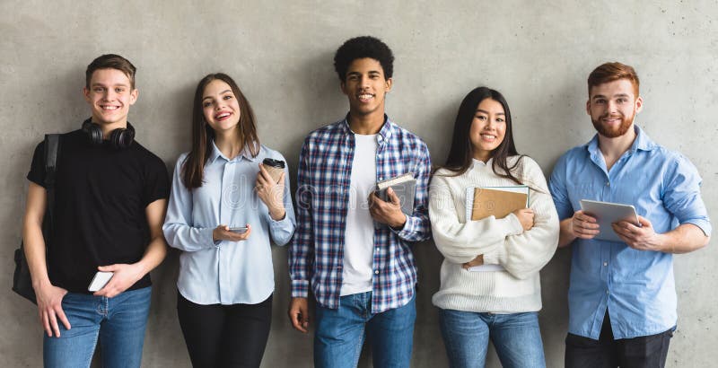 Multiethnic Group of University Students Against College Wall Stock ...