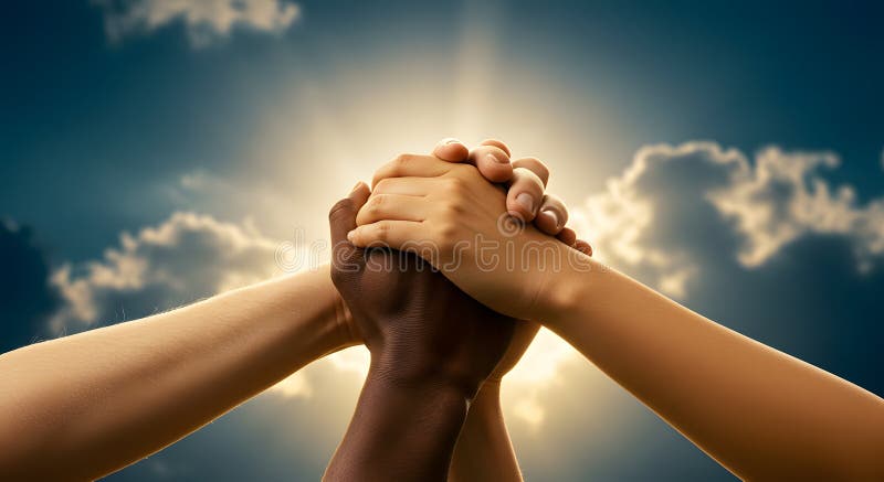 Diverse Human Hands United Together in Front of Sky and Clouds Stock ...
