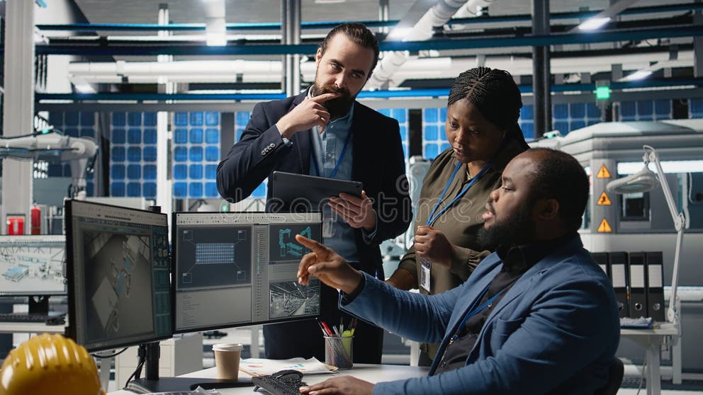 Multiethnic Master Engineers Doing Teamwork on High Tech Production ...