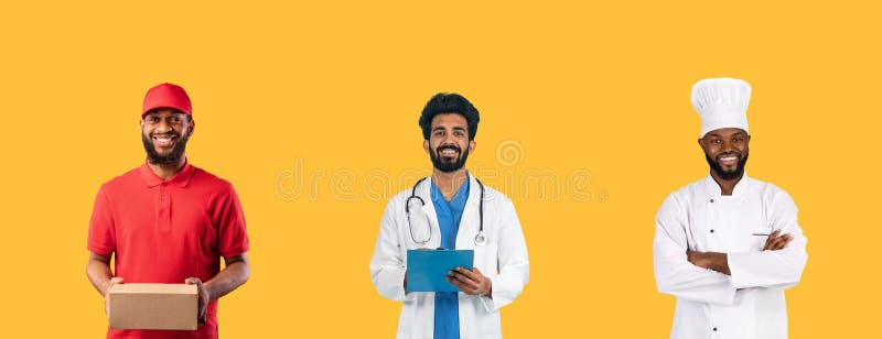 Multiethnic Men of Different Professions Posing Over Yellow Background ...