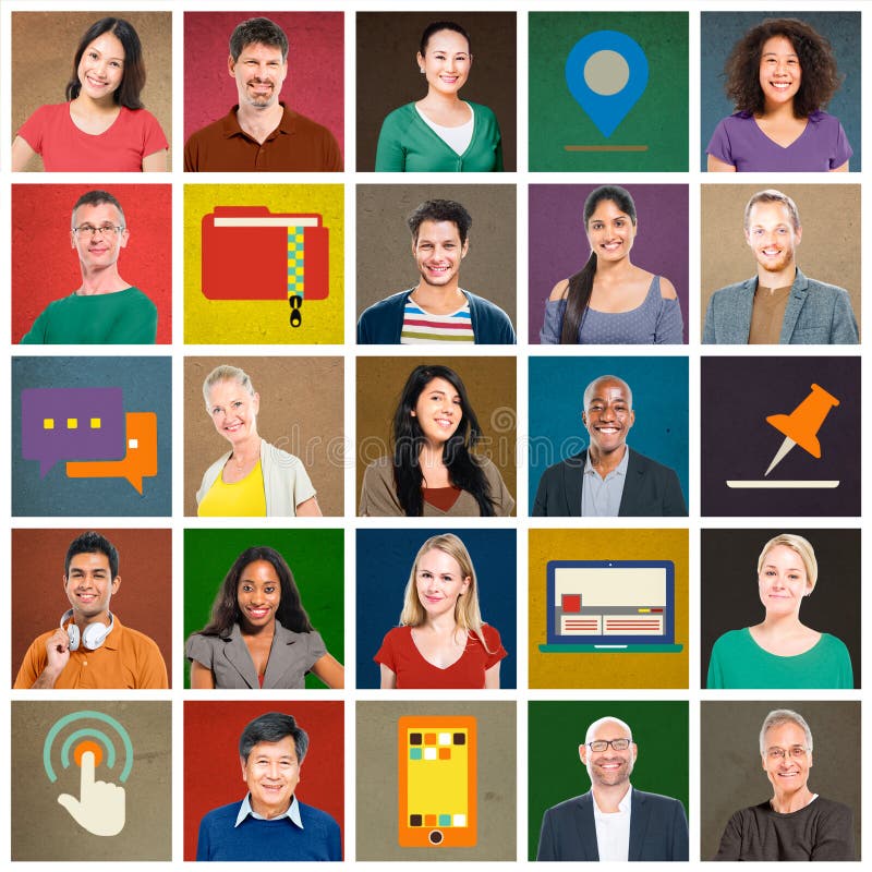Multiethnic People Colorful Smiling Portrait Technology Concept Stock ...
