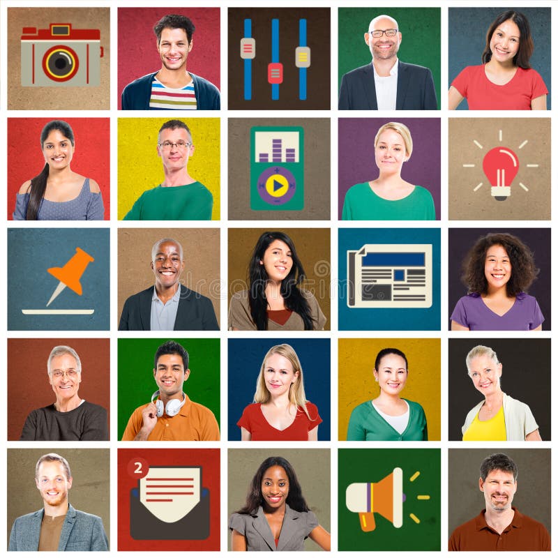 Multiethnic People Colorful Smiling Portrait Technology Concept Stock ...