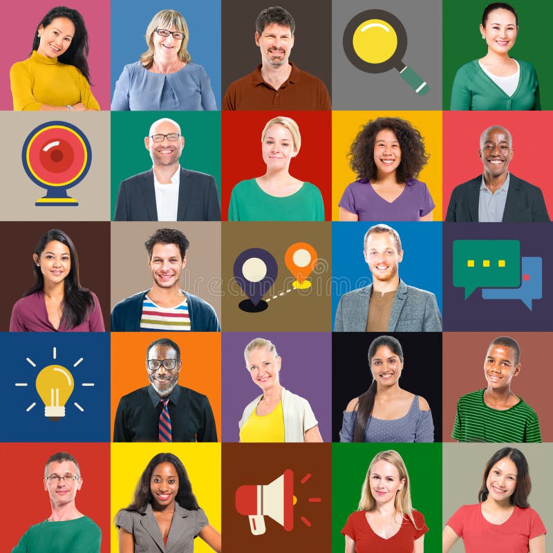 Multiethnic People Colorful Smiling Portrait Technology Concept Stock ...