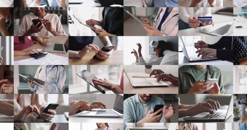 People Using Diverse Modern Gadgets, Close Up Collage Stock Video ...