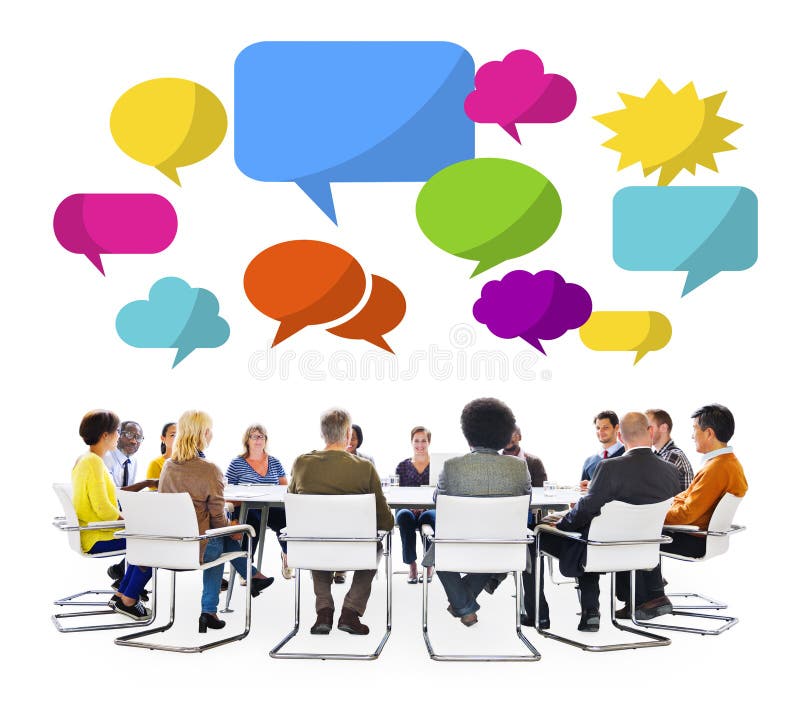 Multiethnische Gruppe in Einer Sitzung Mit Sprache-Blasen Stockfoto ...