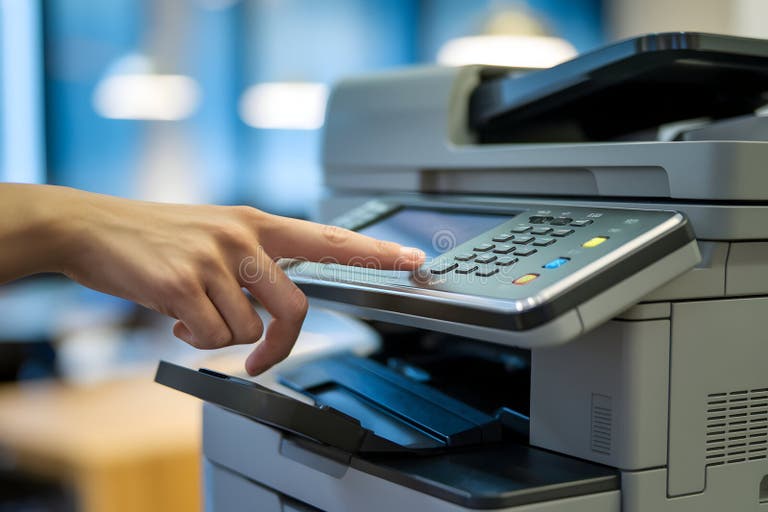 Multifunction Printer with Touchscreen, Persons Hand Pressing Button in Office Setting Stock ...