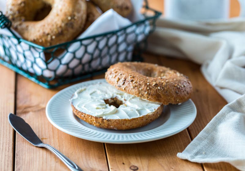 A Multigrain Bagel with Cream Cheese. Stock Image - Image of bagel ...