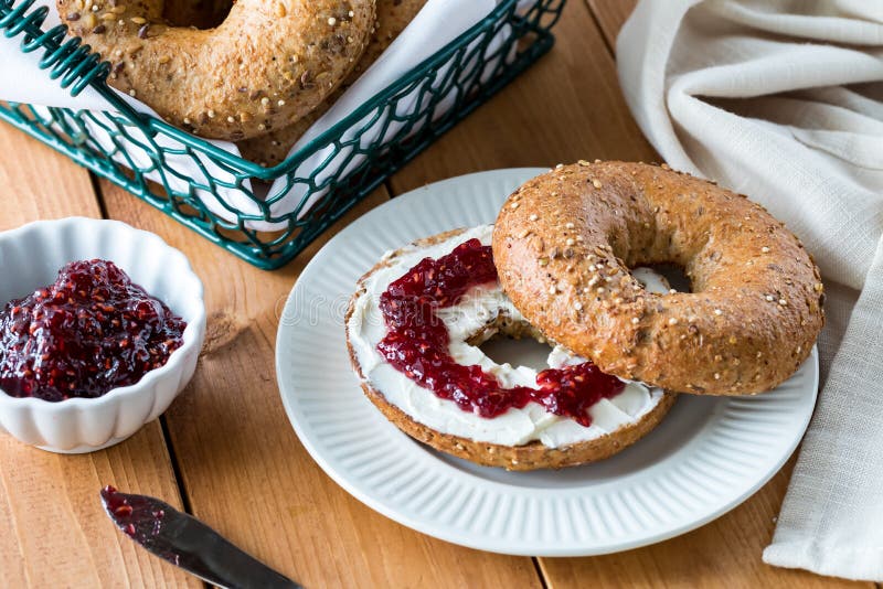 Multigrain Bagel and Cream Cheese. Stock Photo - Image of bagel, round ...