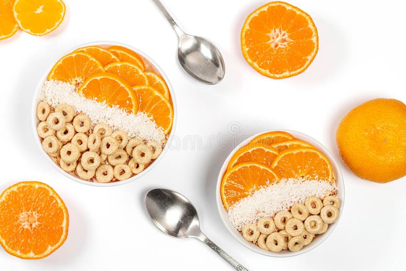 Multigrain Breakfast with Tangerines and Coconut Flakes, Top View Stock ...