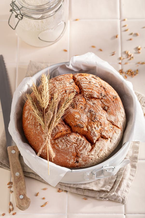 Multigrain Loaf of Round Bread Baked with Homemade Flour Stock Photo ...