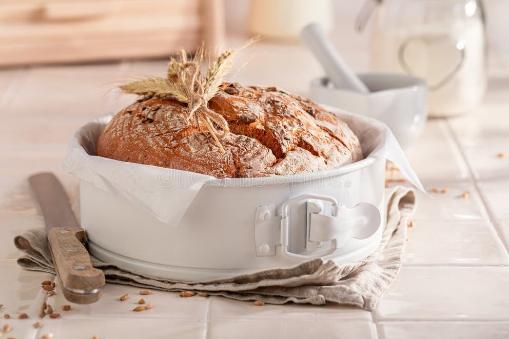 Multigrain Round Loaf Bread Baked in a Rustic Bright Kitchen Stock ...