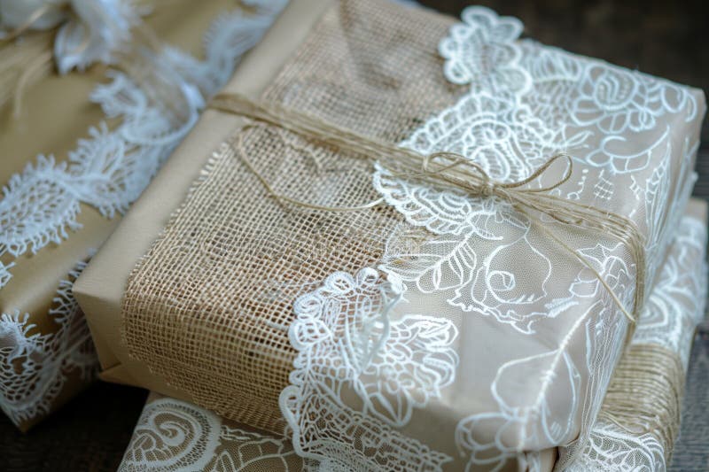 Multilayered Gift Wrapping with Lace and Burlap Stock Photo - Image of ...