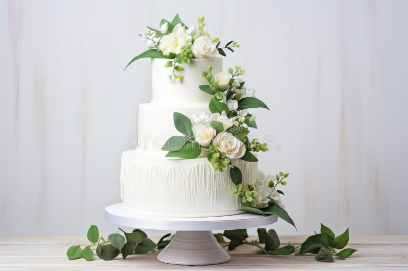 Multilevel White Wedding Cake with Eucalyptus Leaves and Roses Stock ...