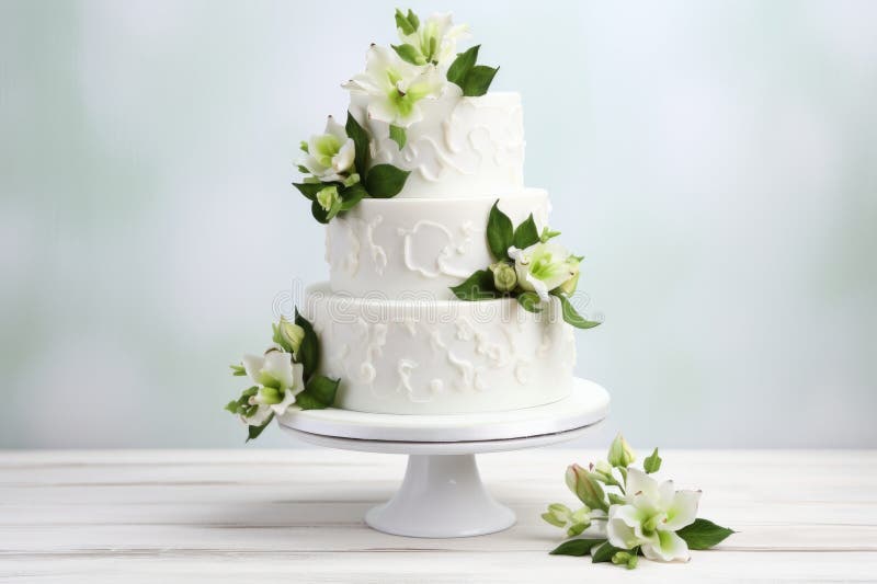 Multilevel White Wedding Cake with Eucalyptus Leaves and Roses Stock ...