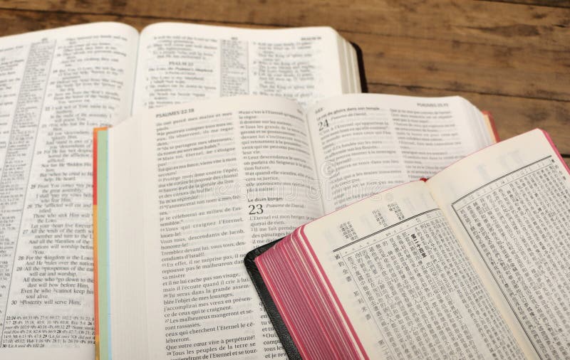 Multilingual Bible Study stock photo. Image of open, wooden - 67353368