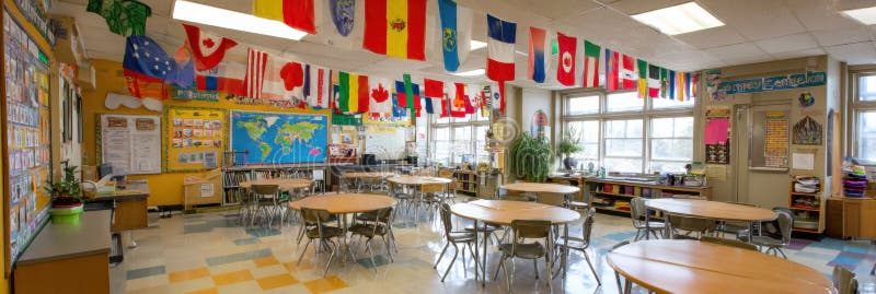 Multilingual Classroom Features Colorful Global Flags, Educational ...
