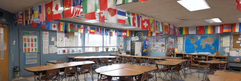 Multilingual Classroom Features Global Flags and Educational Posters in ...