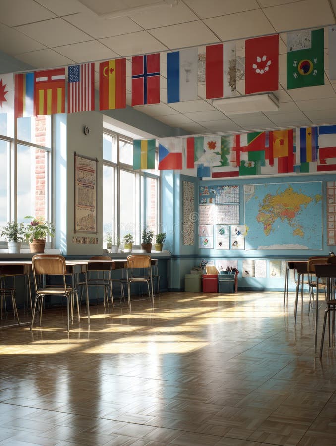 Multilingual Classroom Showcasing Global Flags and Educational Posters ...