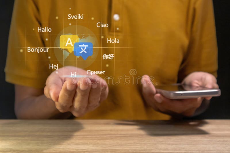 Multilingual Language Translation Concept. Man Using a Smartphone To ...