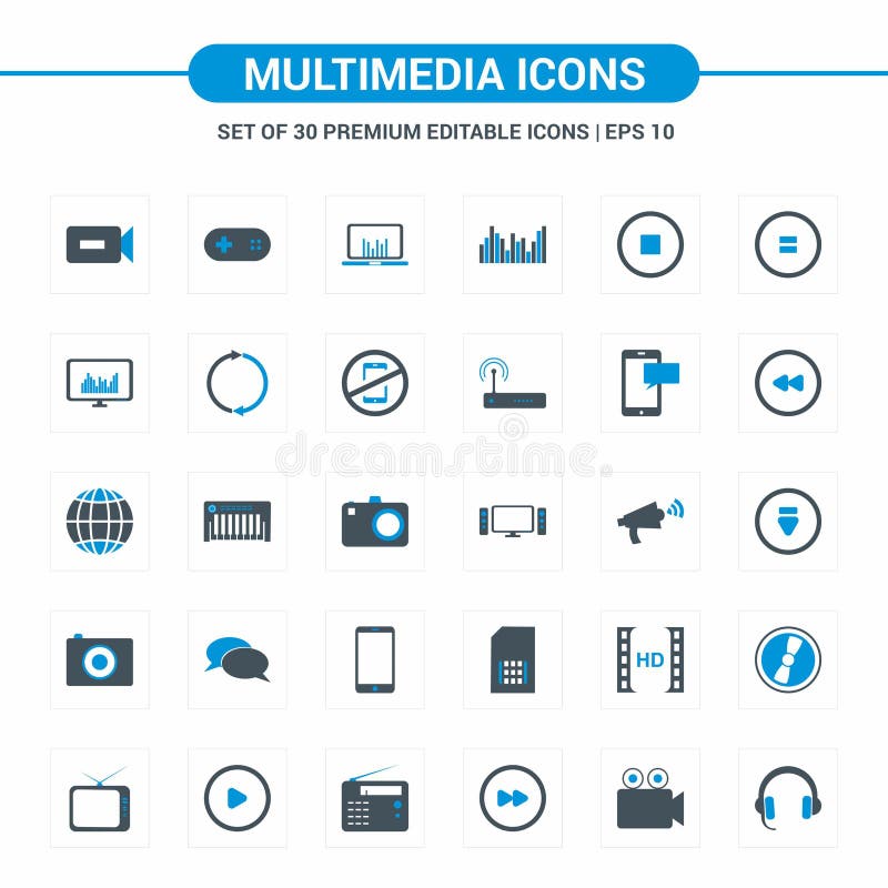 Multimedia blue icons stock vector. Illustration of camera - 120625562
