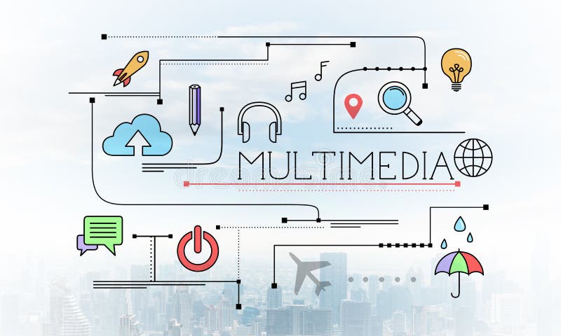 Multimedia Content Linear Sketch with Media Signs Stock Photo - Image ...