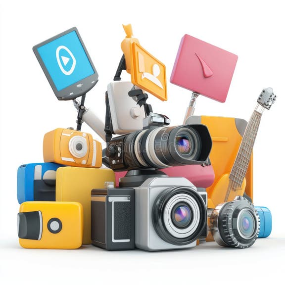 Colorful Collection of Vintage and Modern Cameras, Video Cameras, and ...