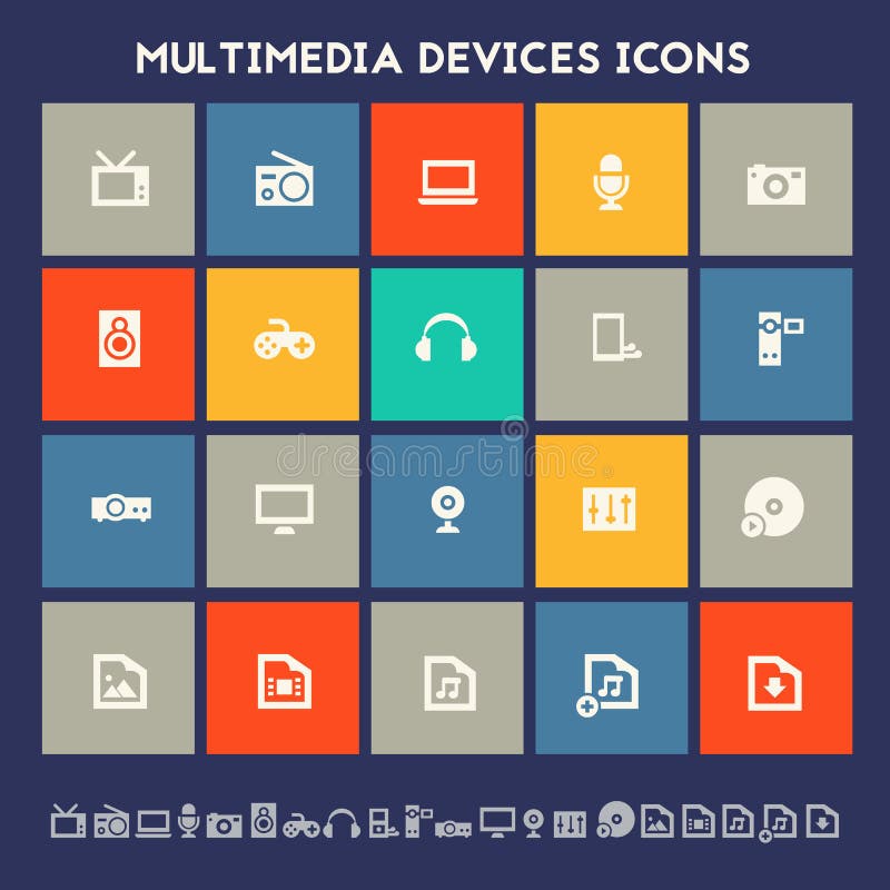Multimedia Devices Icon Set. Multicolored Square Flat Buttons Stock ...