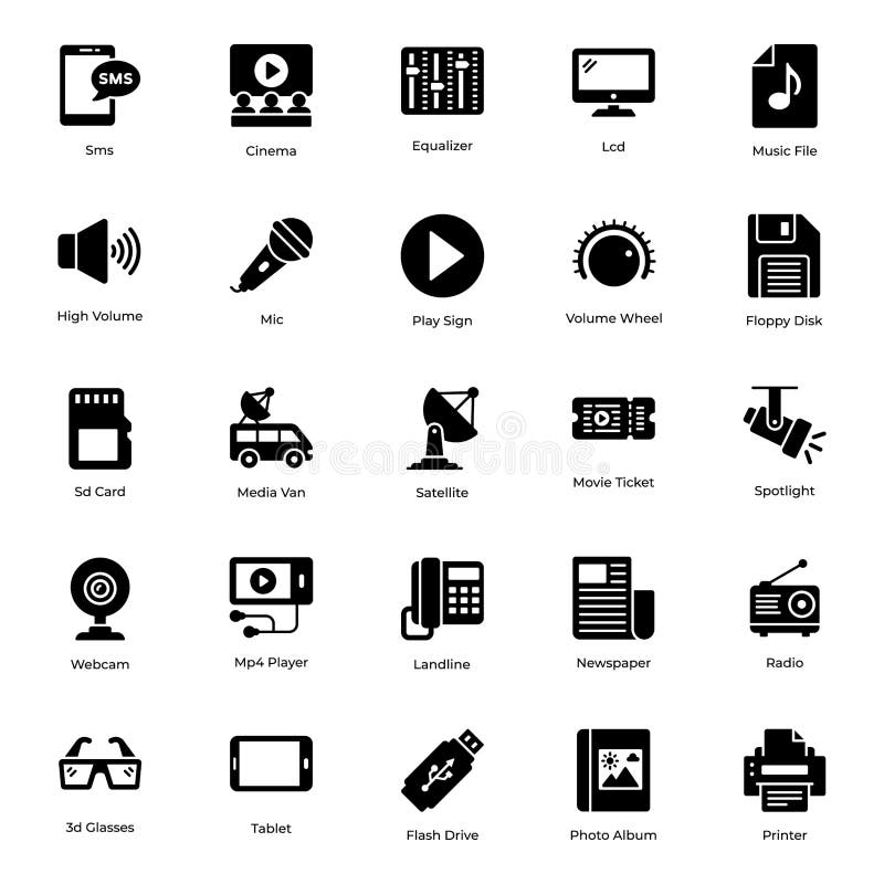 Multimedia Equipment Glyph Icons Pack Stock Vector - Illustration of ...