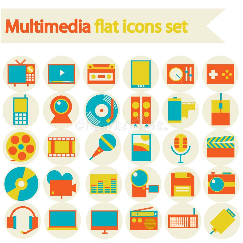 Multimedia flat icons set stock vector. Illustration of floppy - 35732727