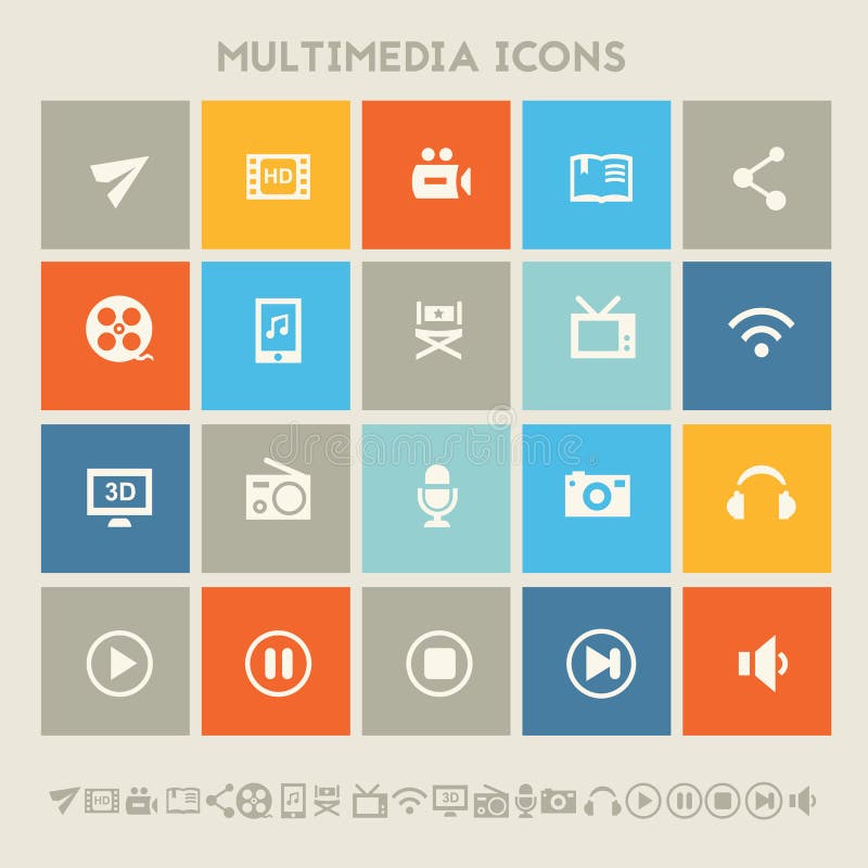 Multimedia Icons. Multicolored Square Flat Buttons Stock Vector ...