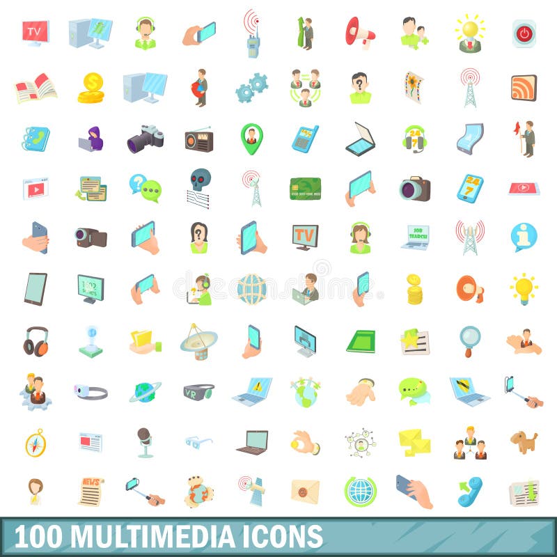 100 Multimedia Icons Set, Cartoon Style Stock Vector - Illustration of ...