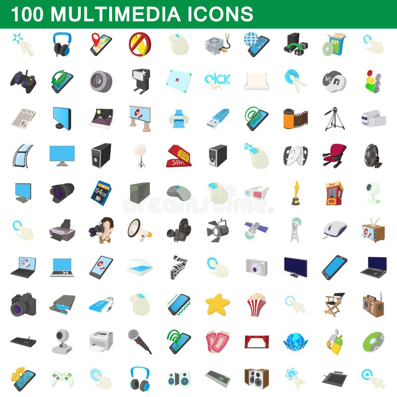 100 Multimedia Icons Set, Cartoon Style Stock Vector - Illustration of ...