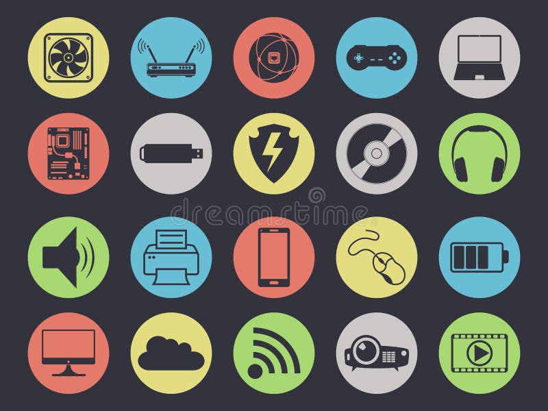 Multimedia Icons Set Isolated on Black Stock Vector - Illustration of ...